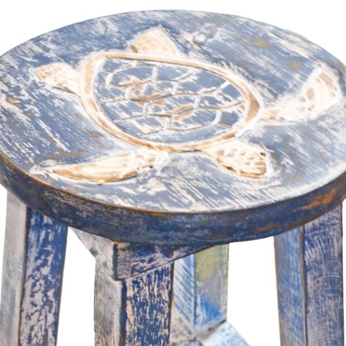 Stool Albesia Wood Turtle Design Top Blue washed 25 x 39cm
