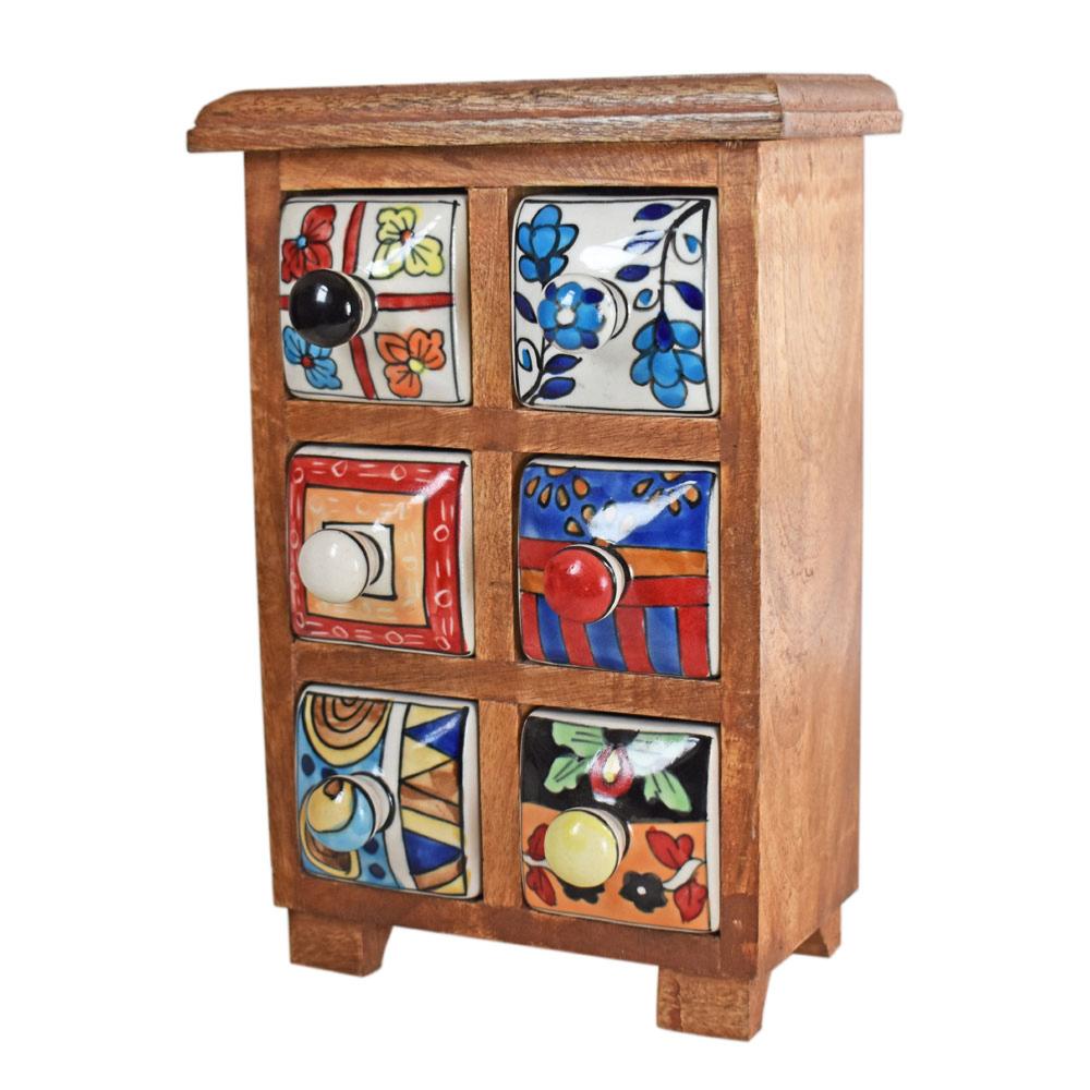 Wooden mini chest with 6 brightly coloured drawers 16.5 x 24 x 11cm