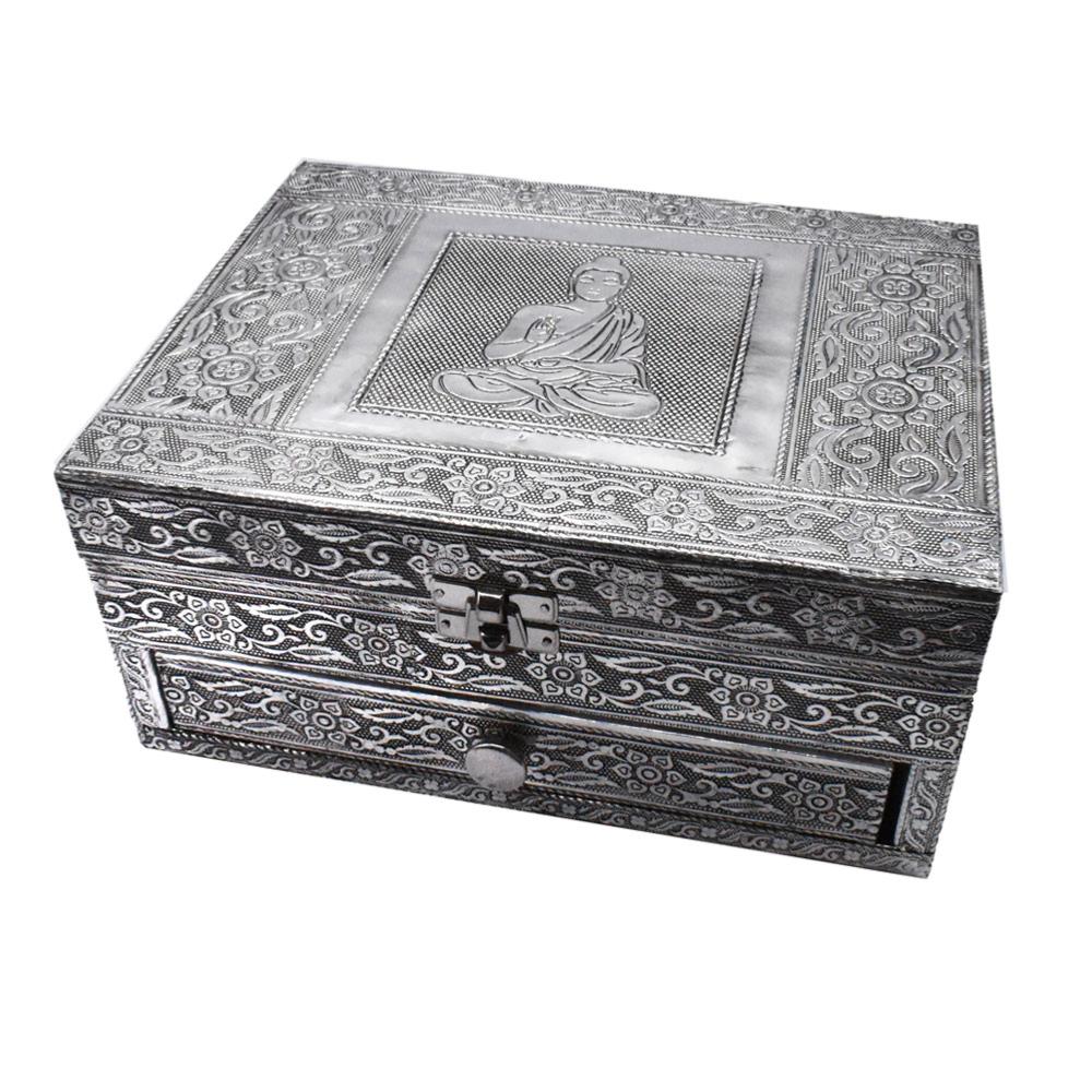 Jewellery box with drawer aluminium Buddha design 23x10x18cm