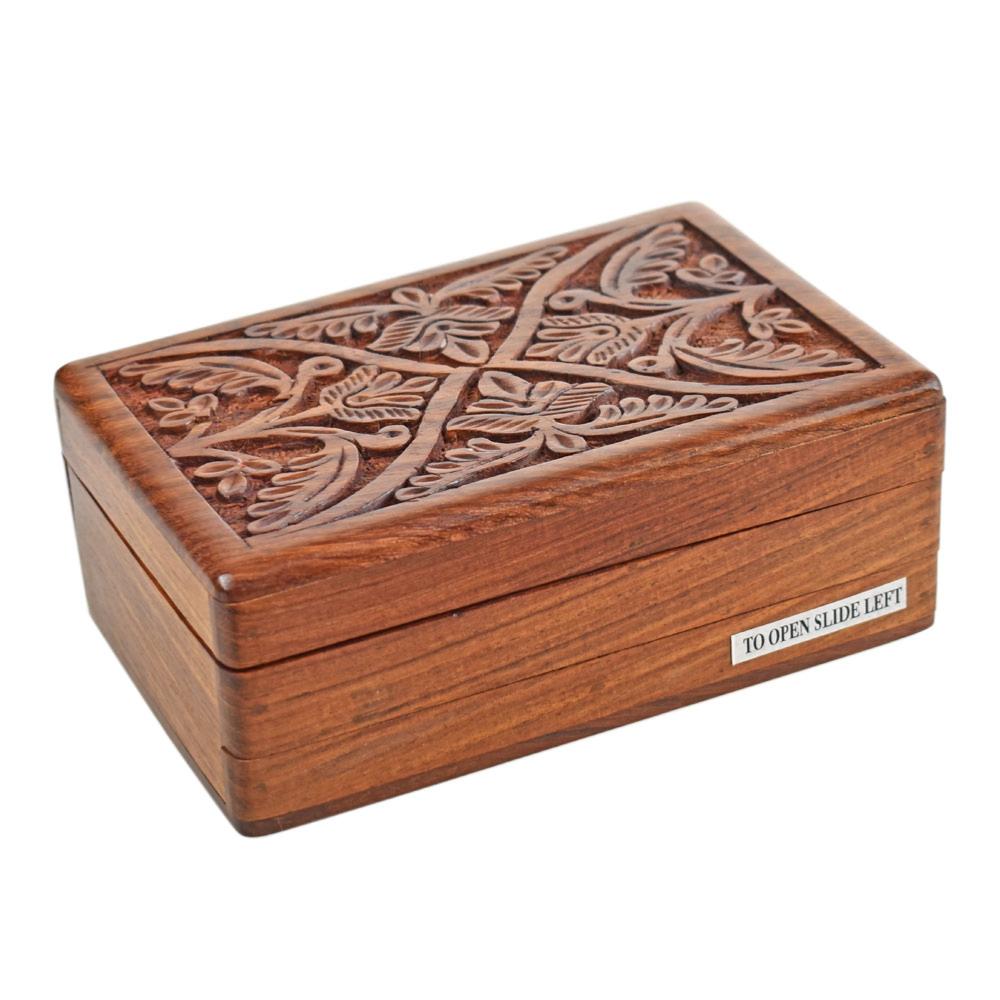 Secret Lock Box Hand Carved Sheesham Wood with Flowers 15x9.5x6cm