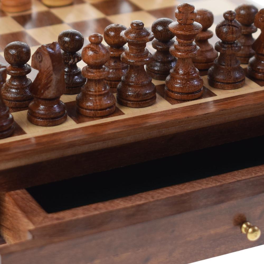 Small wooden chess set sheesham wood with pullout drawer 16x16x3.5cm