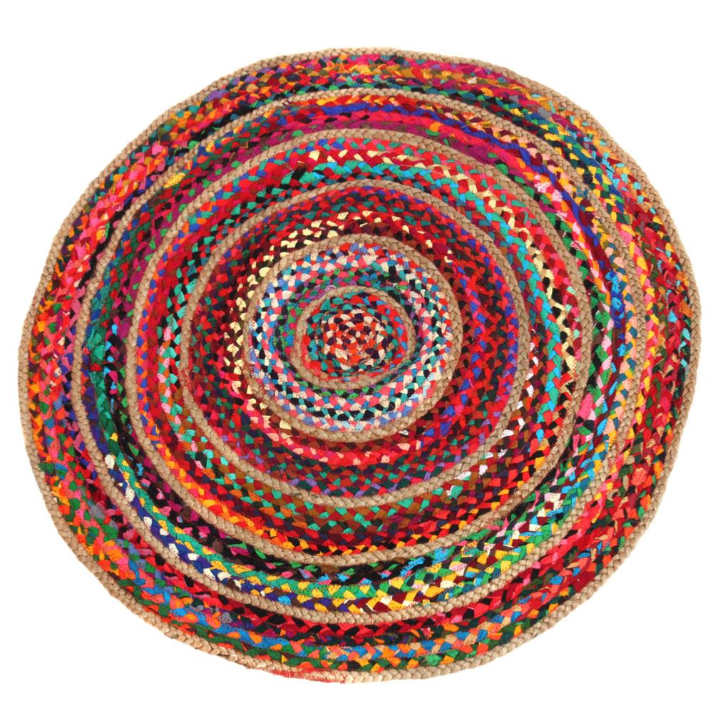 Rag rug, round recycled polyester & jute, 90cm diameter
