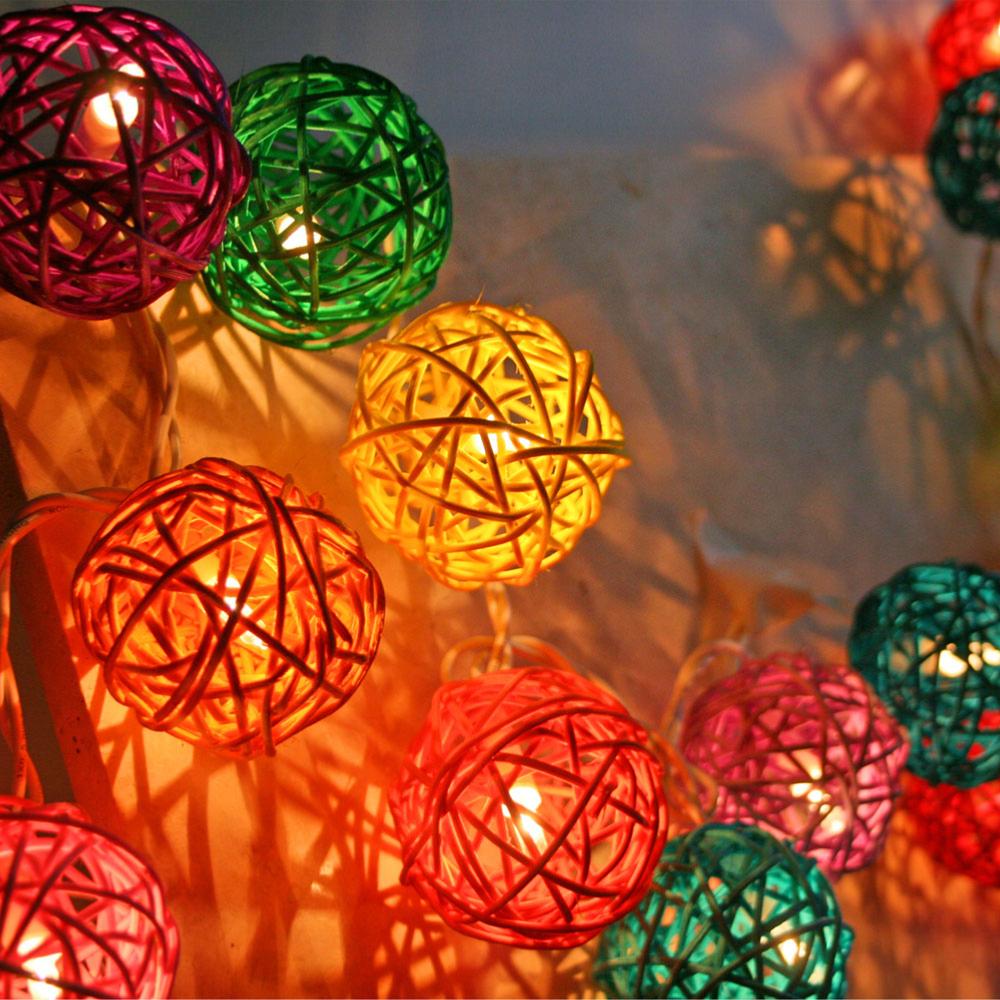 String lights, rattan ball x 20, multicoloured, MAINS operated